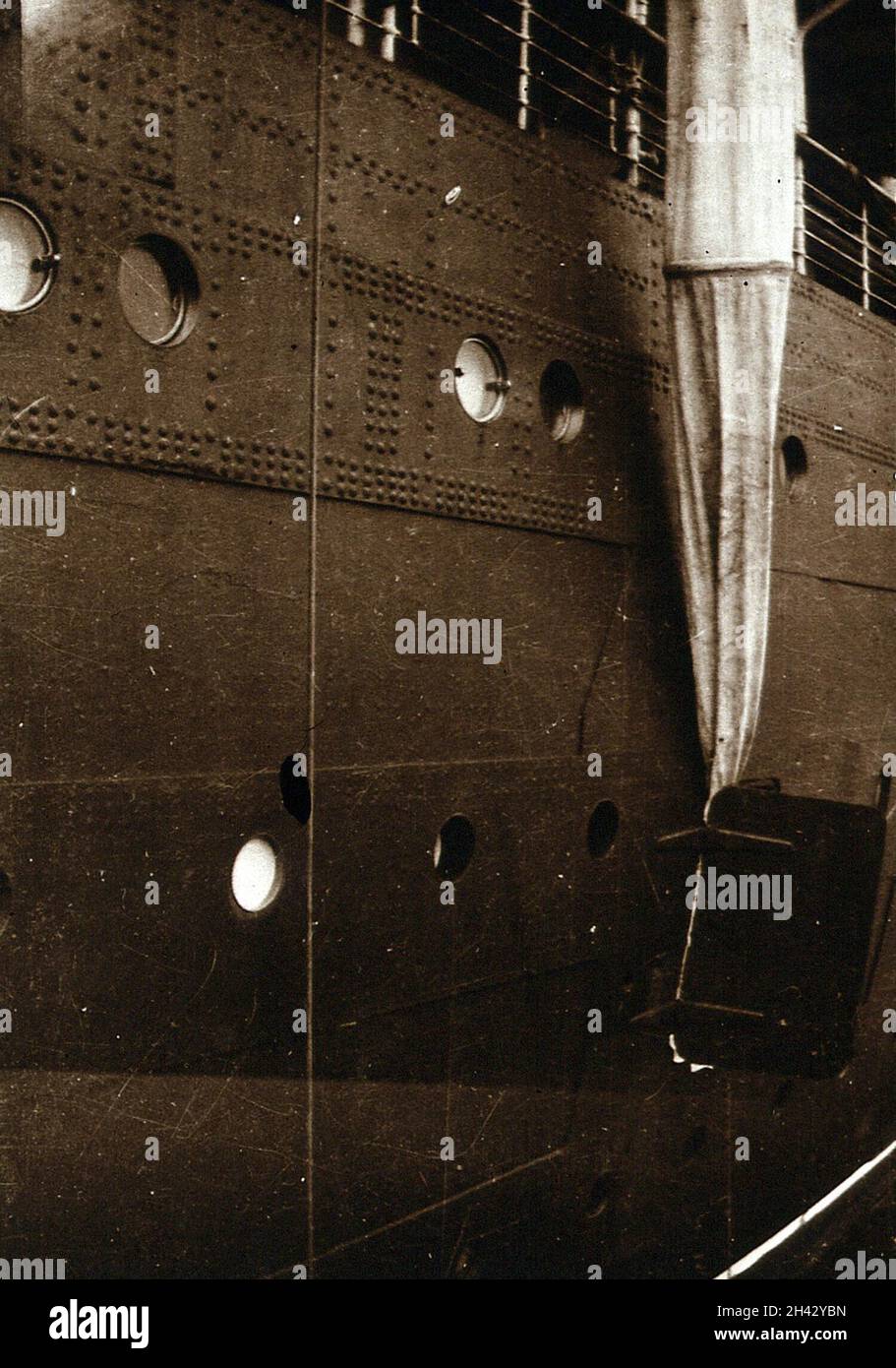 Ship fumigation using hydrogen cyanide: the outside of the ship showing ...