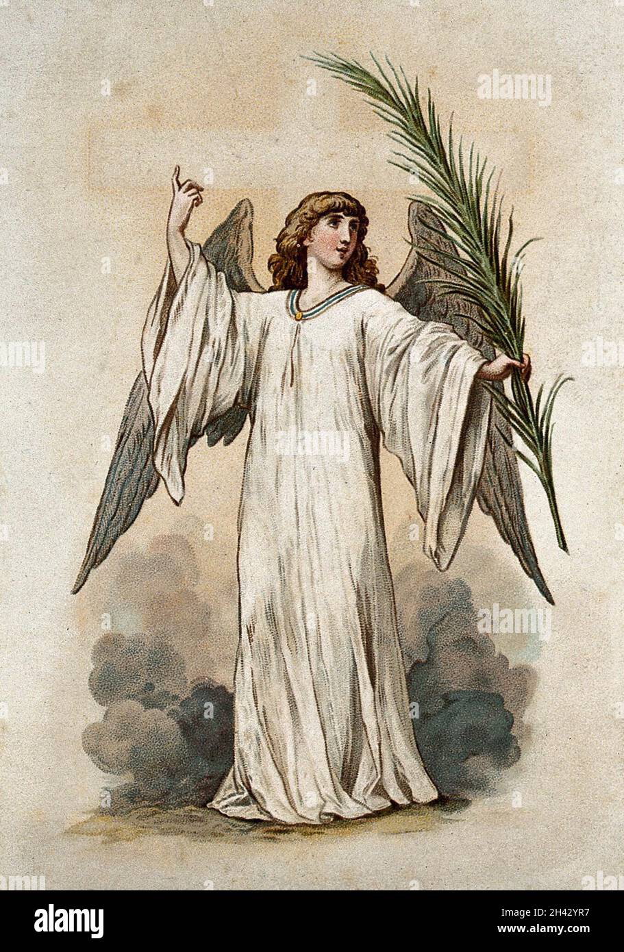 A guardian angel holds a palm branch and points upwards. Colour ...
