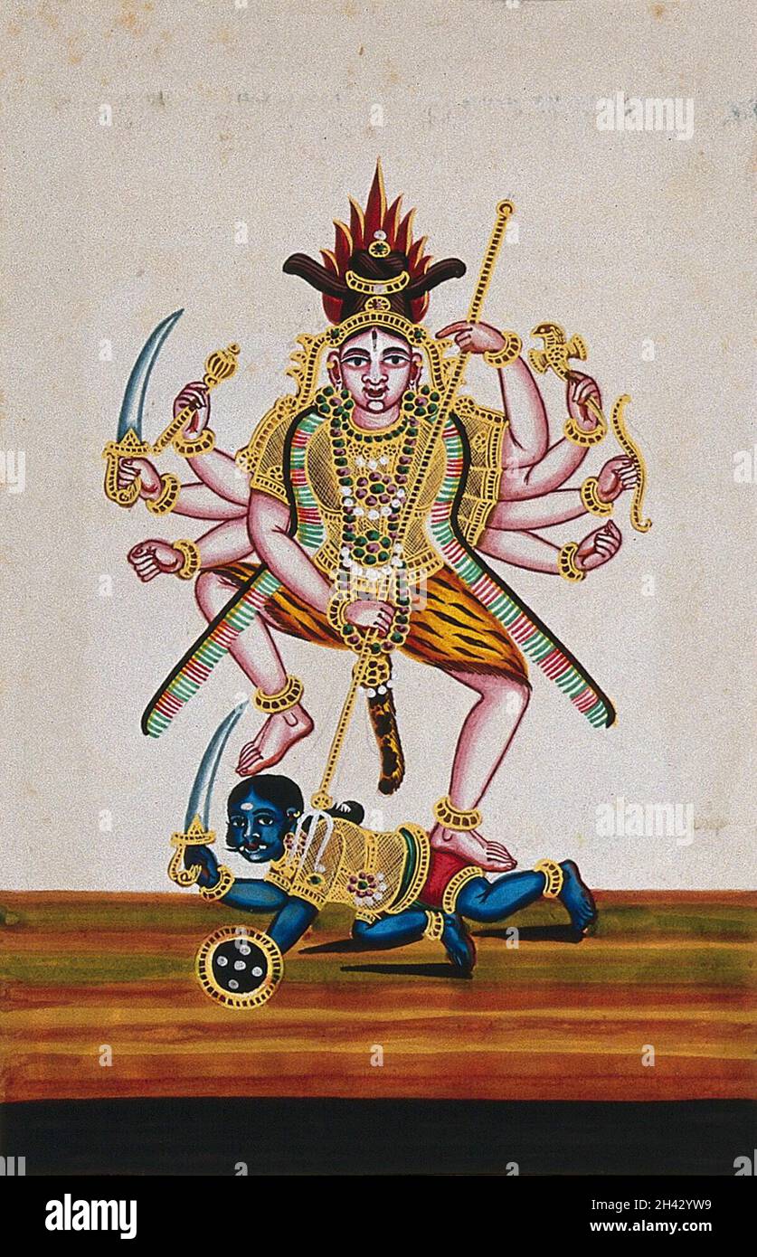 An Indian deity with eight arms trampling a demon (?). Gouache painting ...