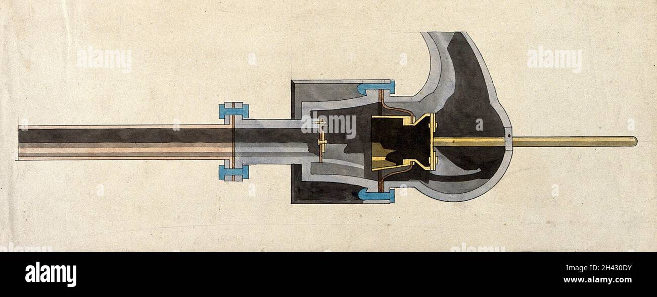 Engineering: a valve or tap, with a spout, in section. Coloured drawing ...