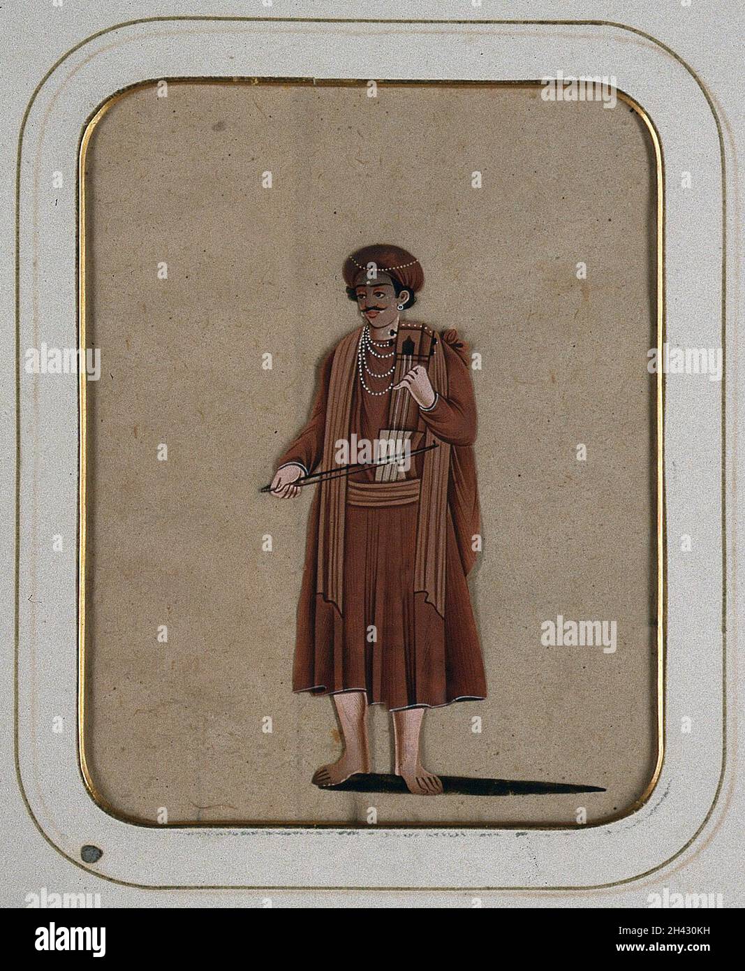 A man playing a musical instrument. Gouache painting on mica by an ...