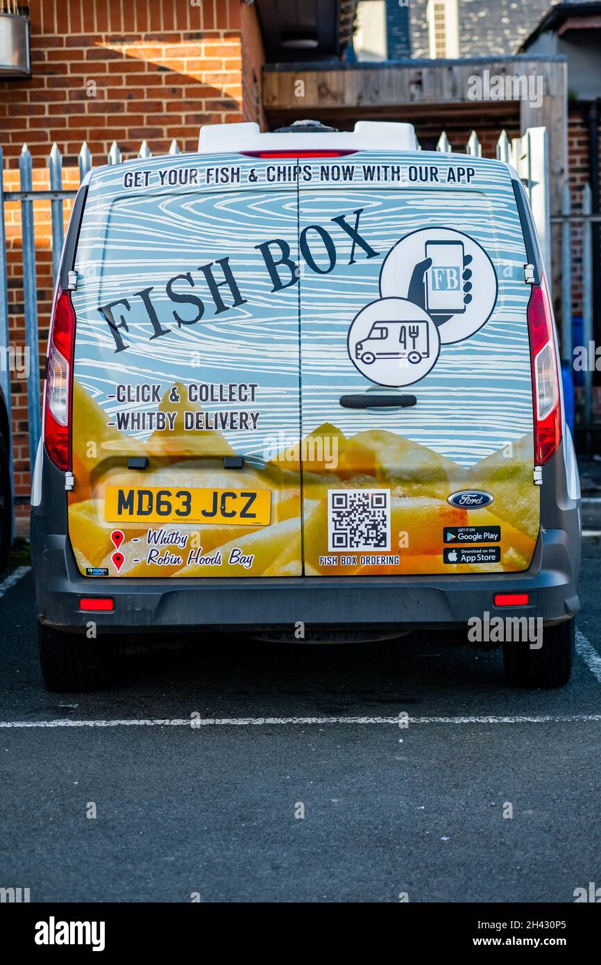 The back end of the Fish Box fish and chip shop deliver van parked up ...