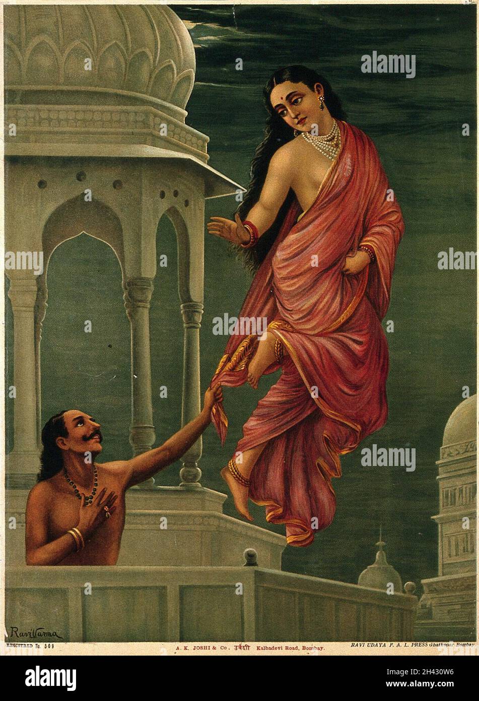 Story of Purūravas and Urvashi: Urvashi flying off to heaven while ...