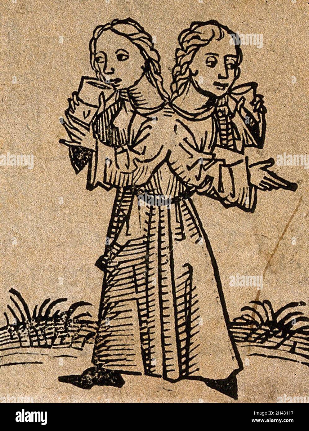 A human being with two heads. Woodcut, c.1490 Stock Photo - Alamy