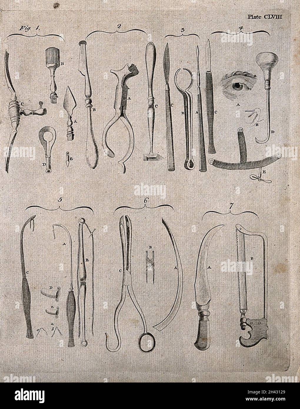 Surgical instruments, including saws, scalpels and forceps. Engraving ...
