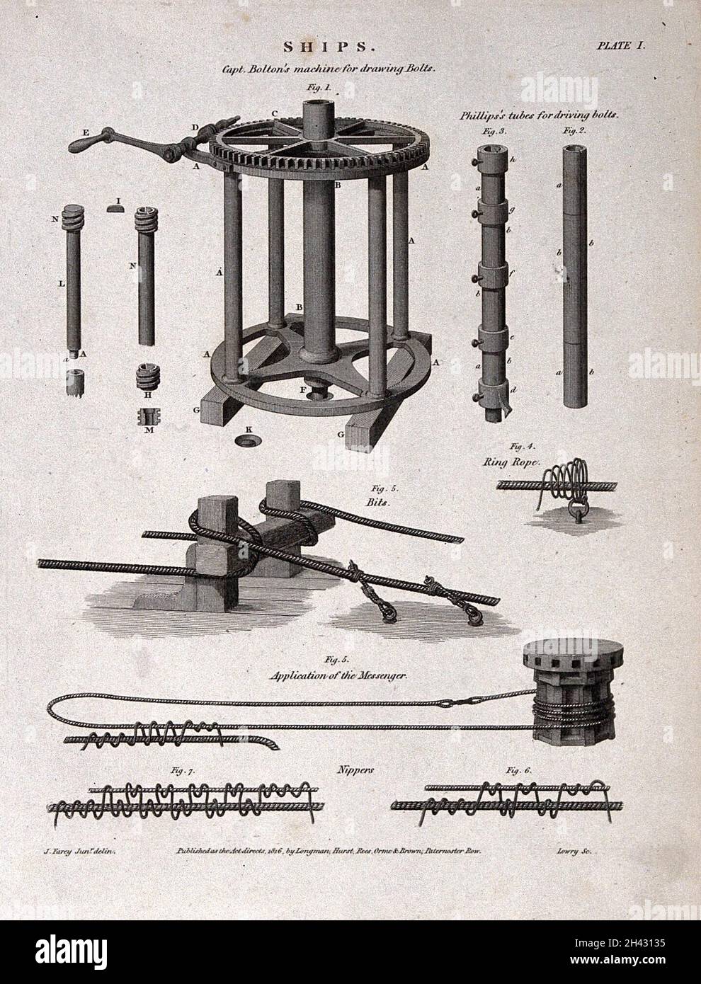 Ship-building: ropes, a windlass, and a capstan. Engraving Stock Photo ...