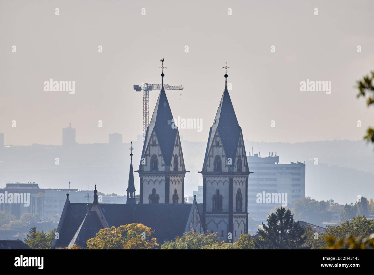 maria hilf church towers in Wiesbaden city panorama, Germany Stock ...