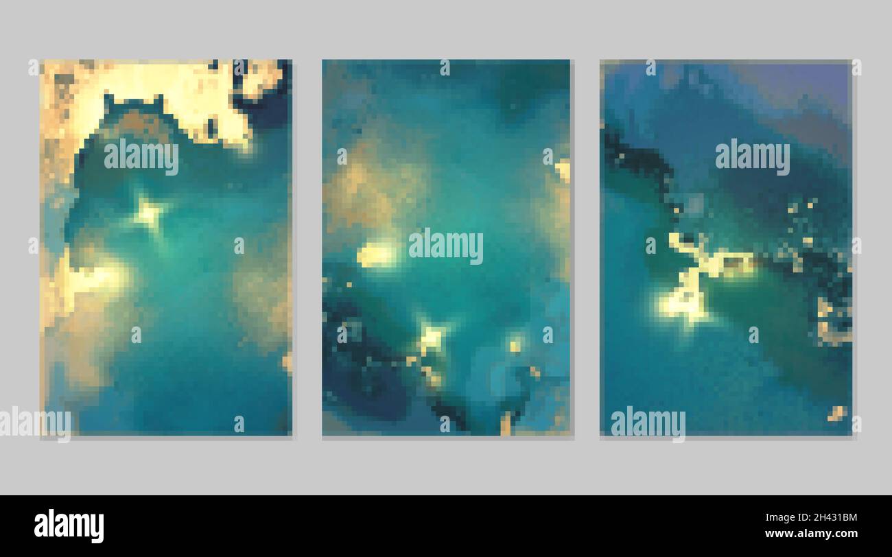 Set of marble patterns. Aquamarine blue and gold geode textures with ...