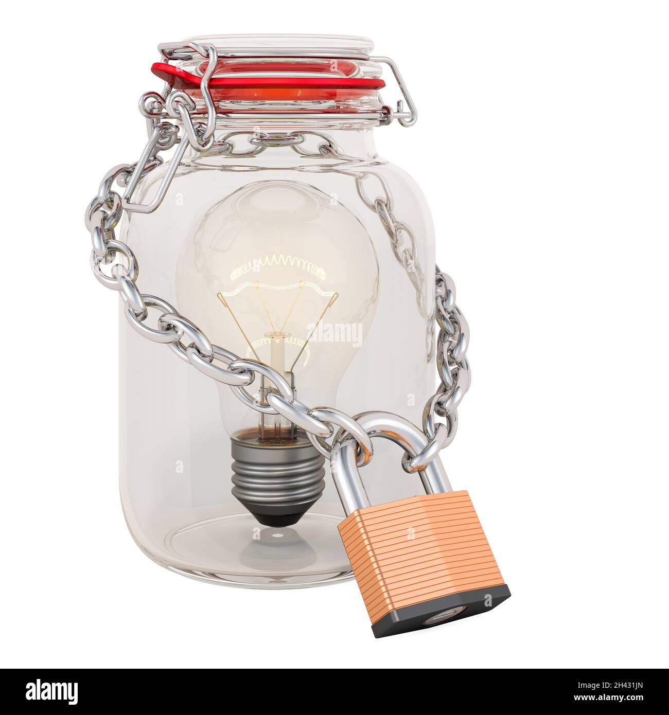 Light bulb inside glass jar with chain and padlock. 3D rendering ...