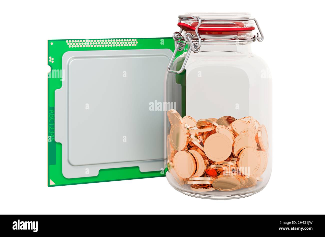 CPU with glass jar full of golden coins, 3D rendering isolated on white ...