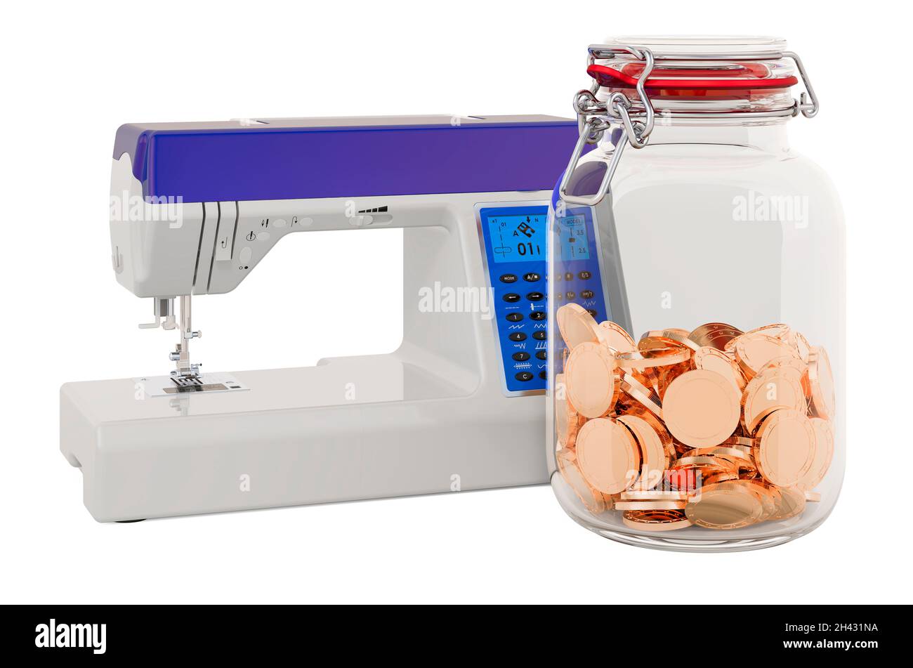 Sewing machine with glass jar full of golden coins, 3D rendering ...
