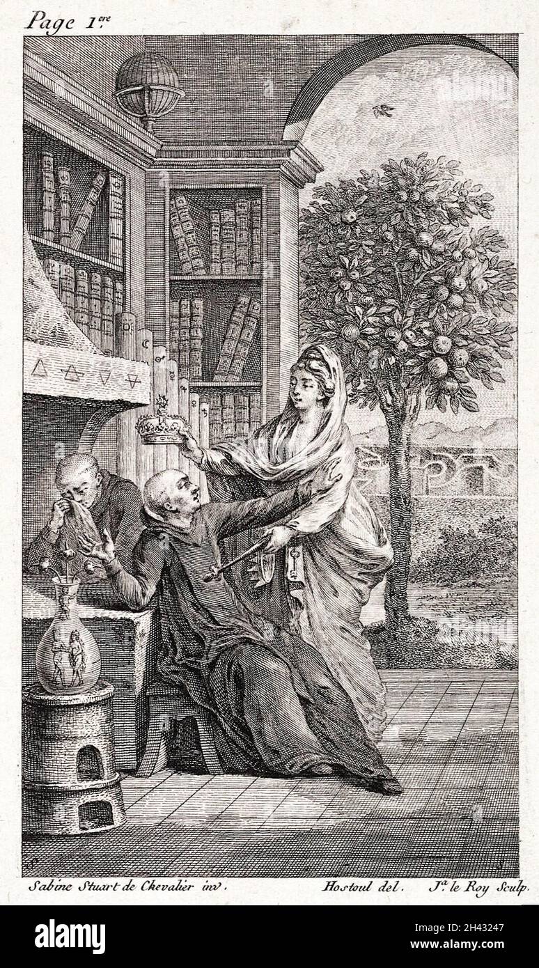 Basil Valentine contemplates a chemical jar containing homunculi of a ...