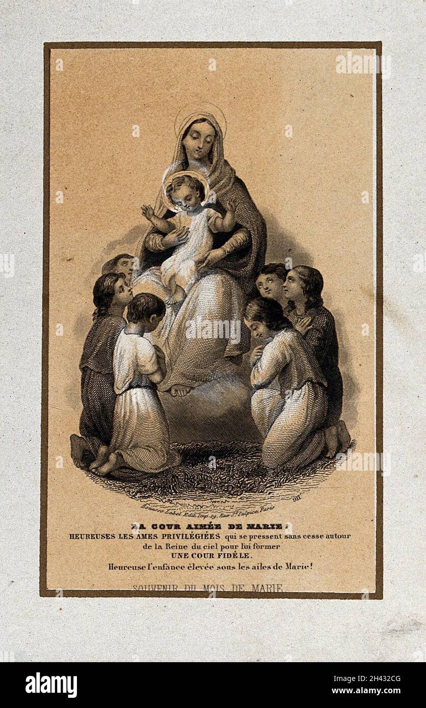 Children venerating the Virgin and Christ Child. Colour lithograph ...