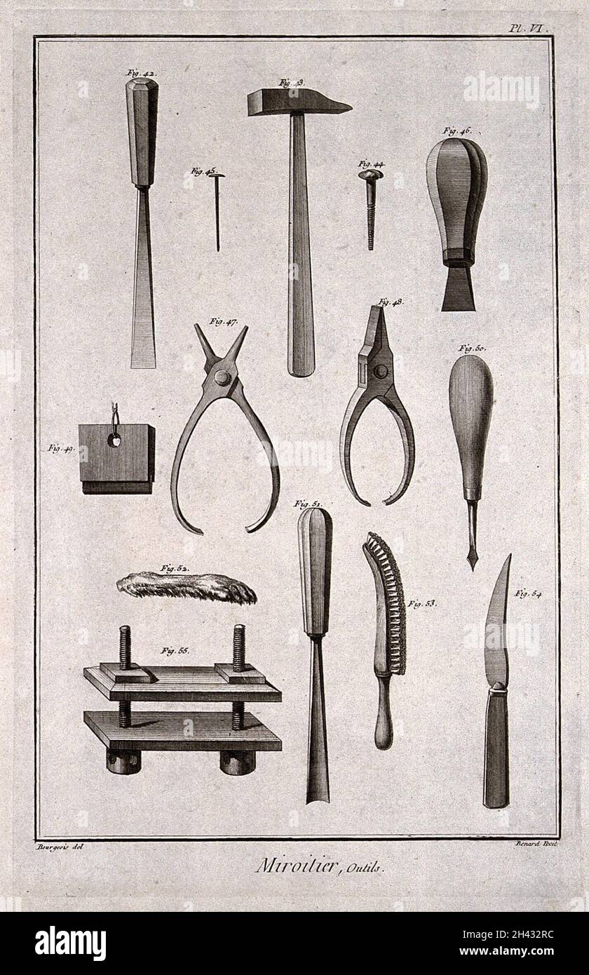 Mirrors: tools and equipment for silvering glass. Engraving by Benard ...