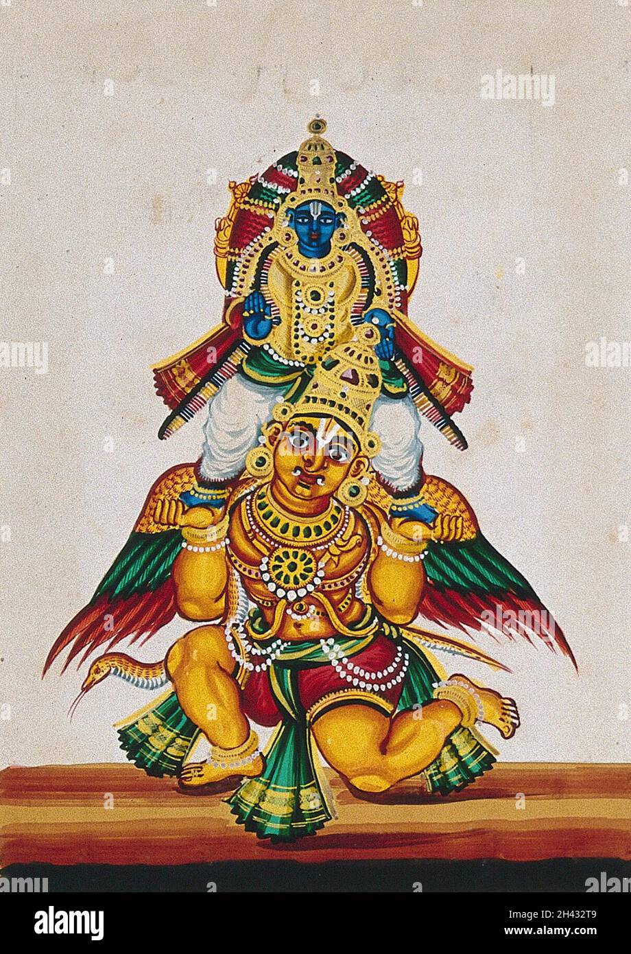Lord Vishnu standing on the hands of Garuda, his vehicle. Gouache ...