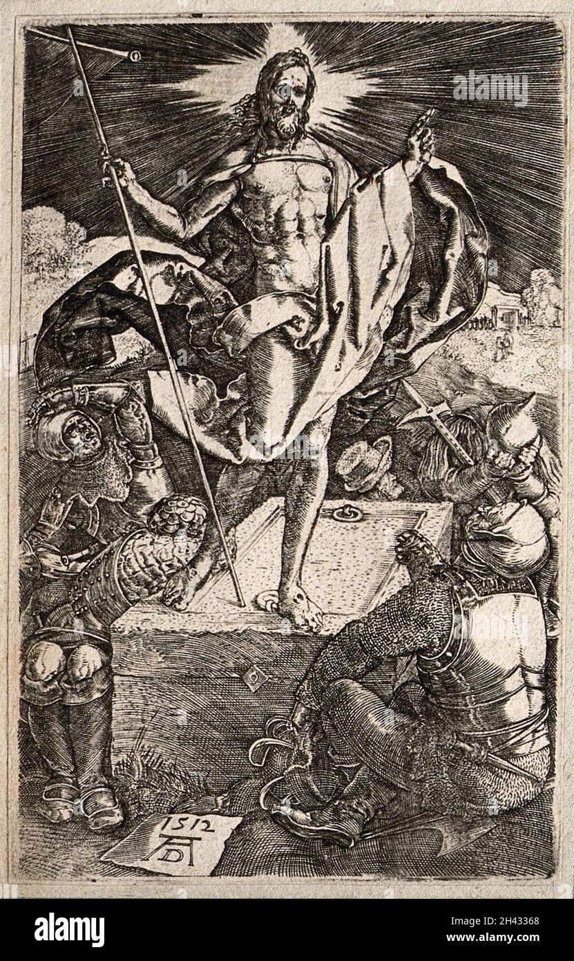 The resurrected Christ rises over terrified soldiers. Engraving after A ...