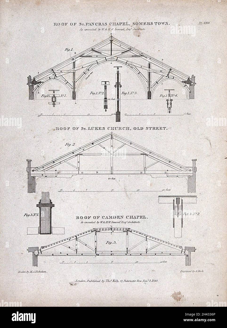 Architecture: the roof trusses of three chapels compared. Engraving by ...