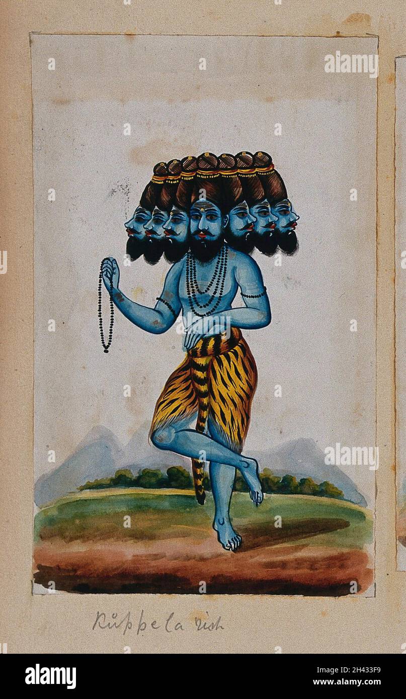 A rishi with seven heads standing on one foot, wearing a tiger skin and ...