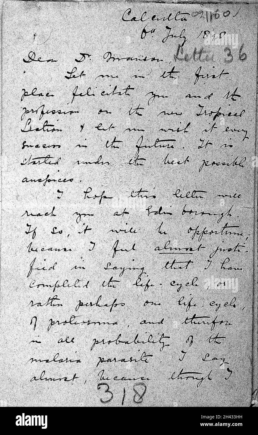 Sir Patrick Manson, letter from Ronald Ross Stock Photo - Alamy