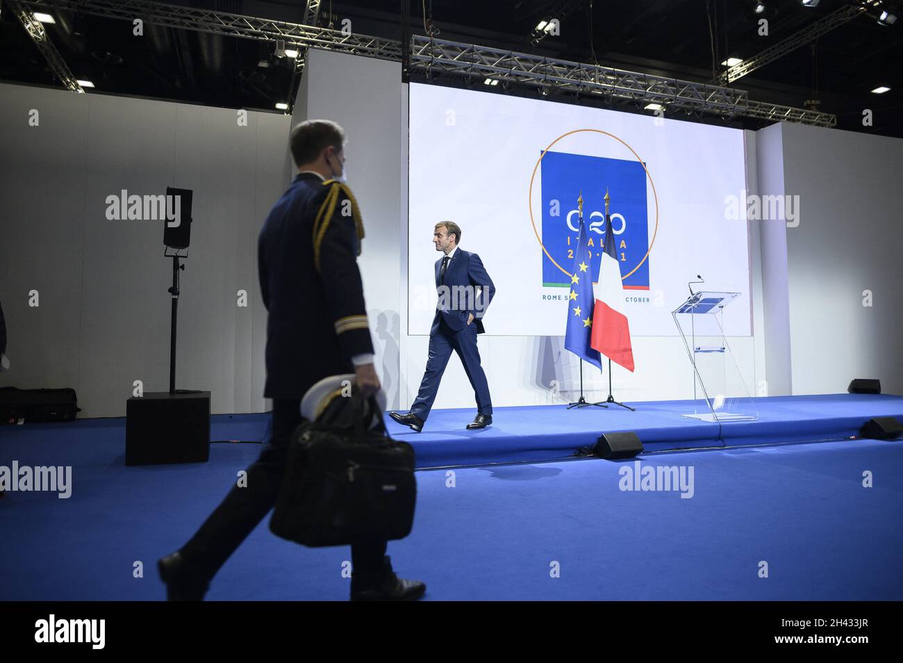 France's President Emmanuel Macron leaves his press conference in Rome ...