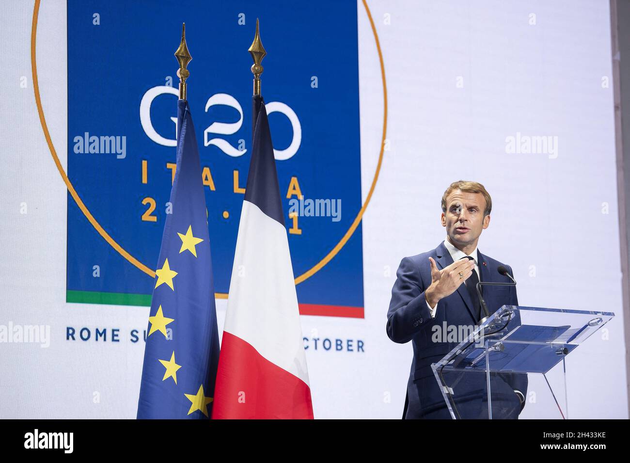 France's President Emmanuel Macron gestures as he addresses media ...