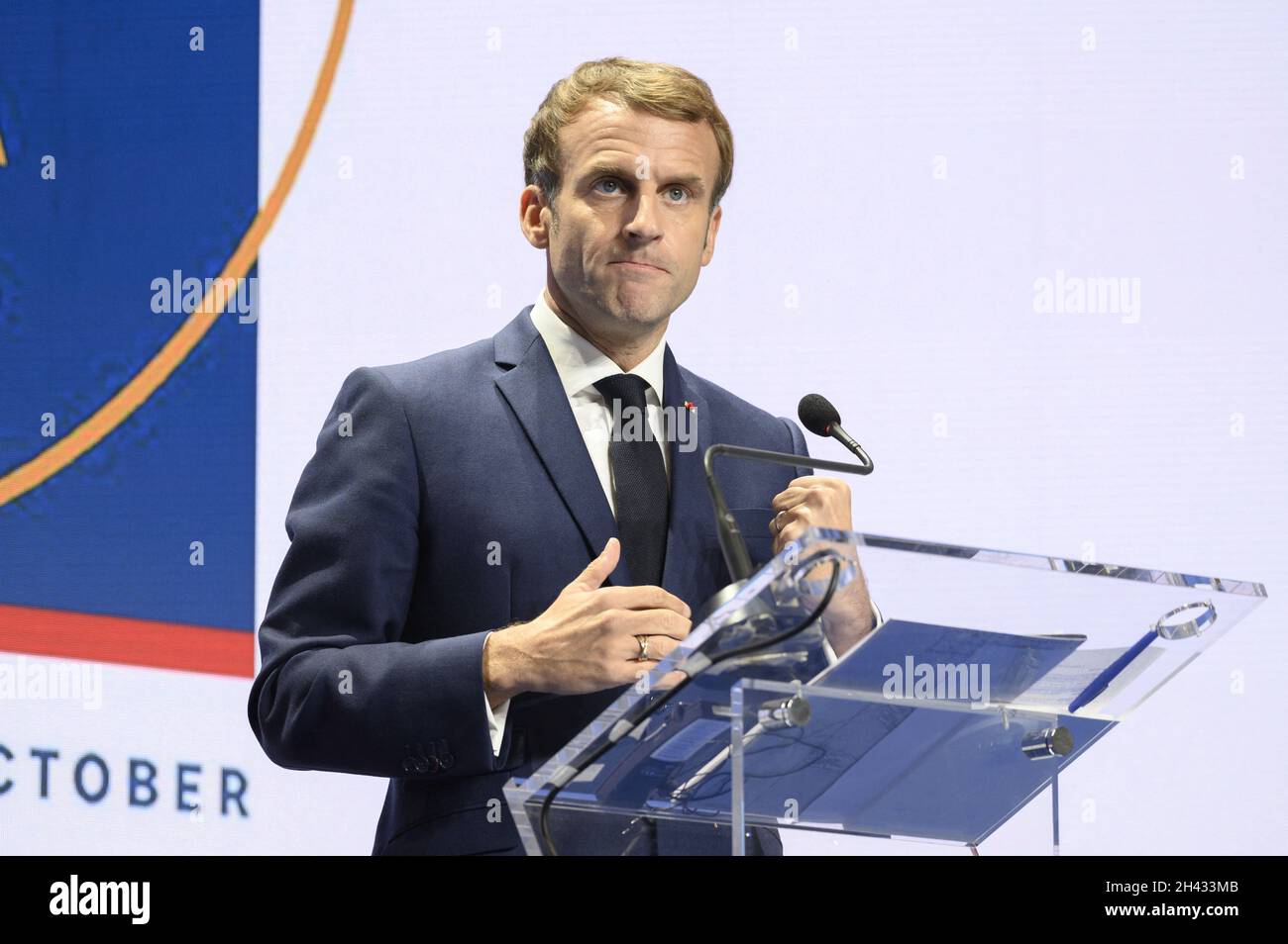 France's President Emmanuel Macron gestures as he addresses media ...