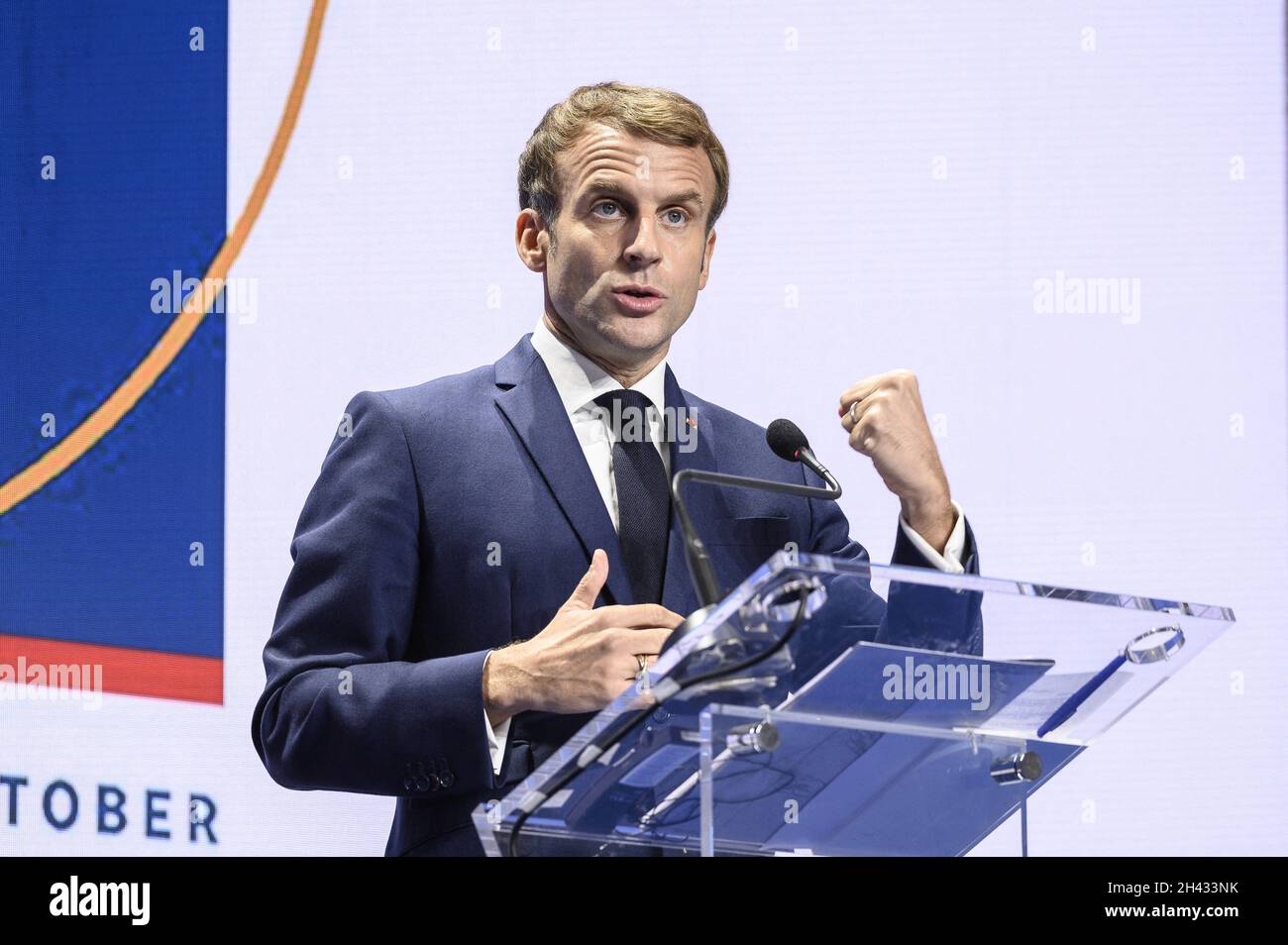 France's President Emmanuel Macron gestures as he addresses media ...