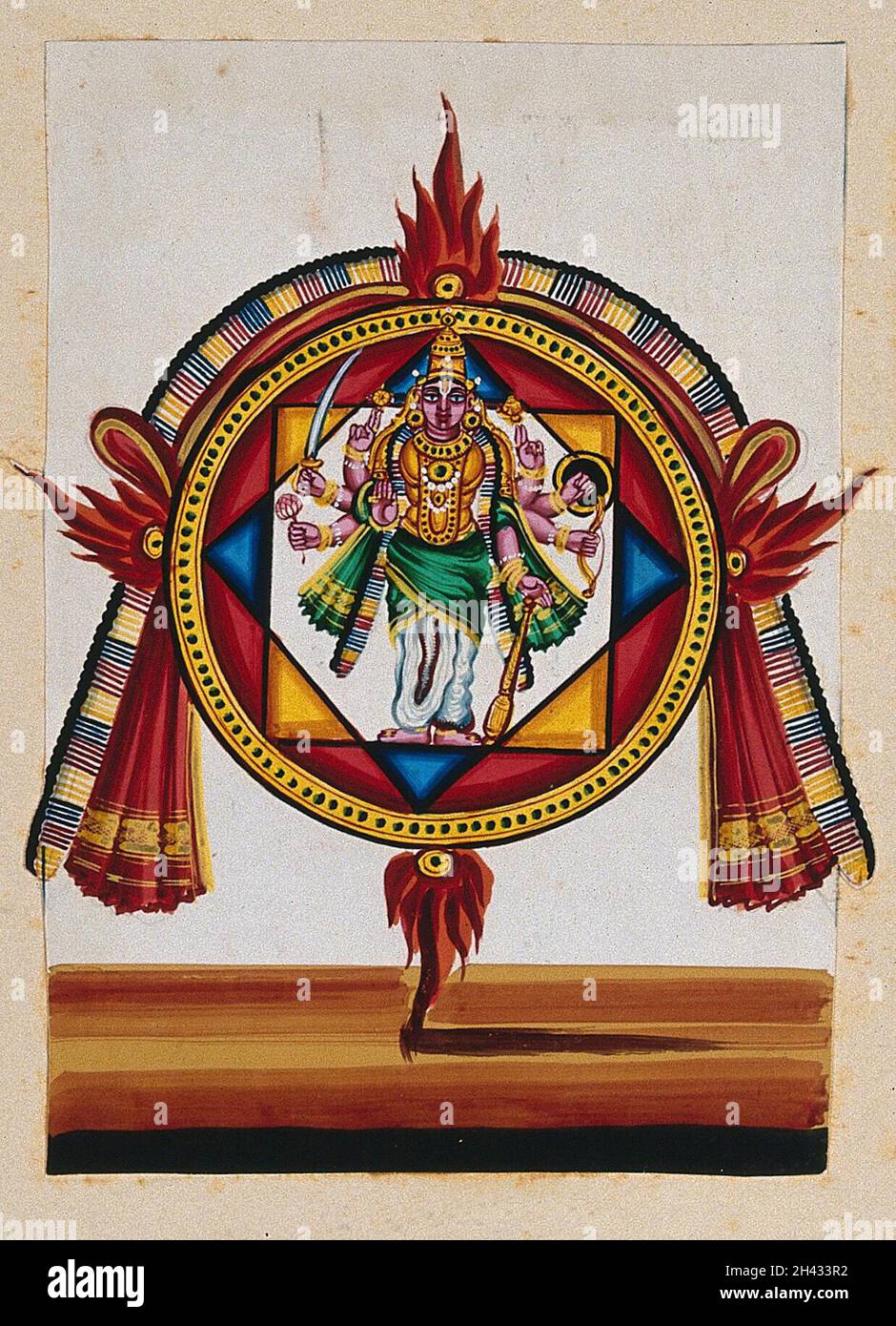 A chakra with an image of Lord Vishnu in the center. Gouache painting ...