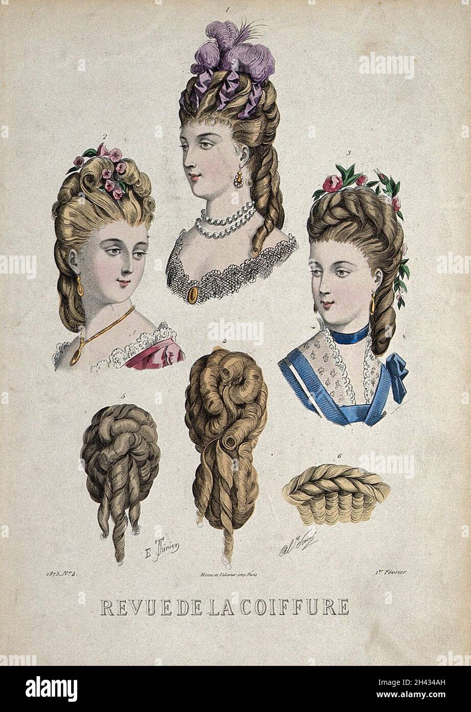 The heads of three women wearing chignons decorated with flowers ...