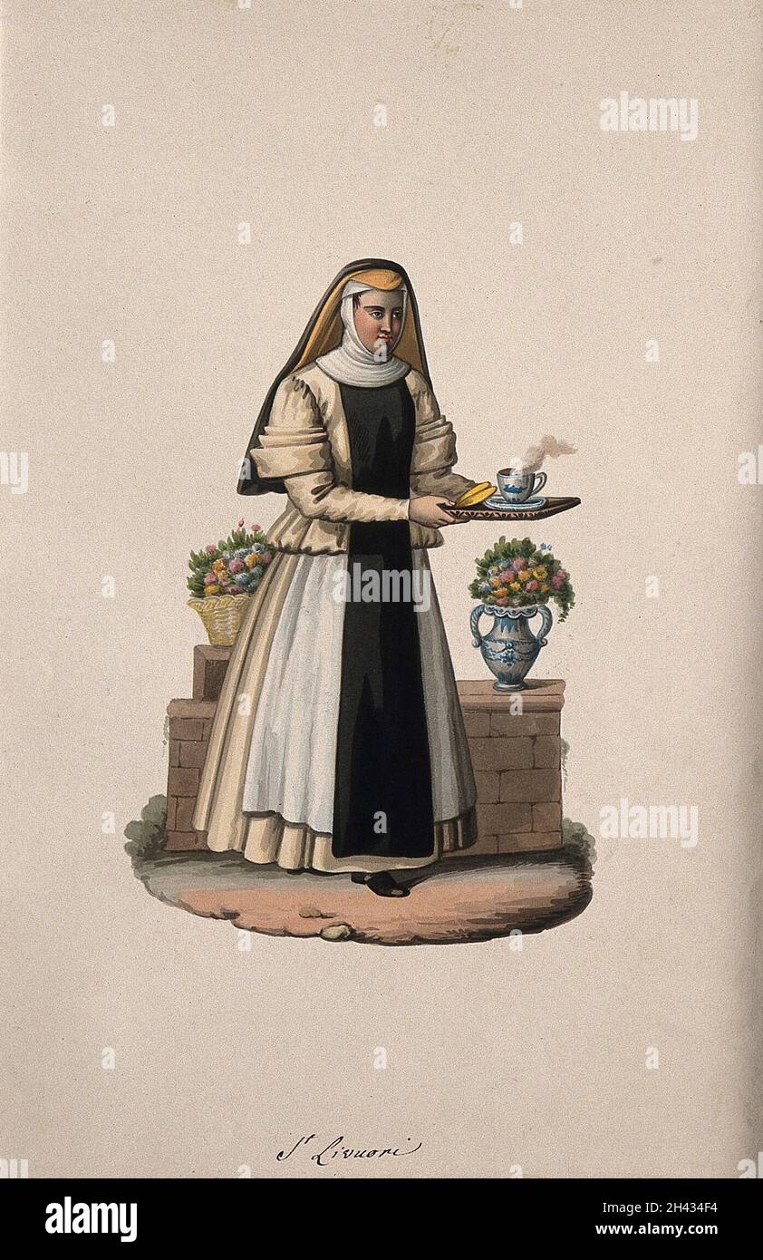 A nursing nun, carrying a tray of food and hot drink, wearing the habit ...