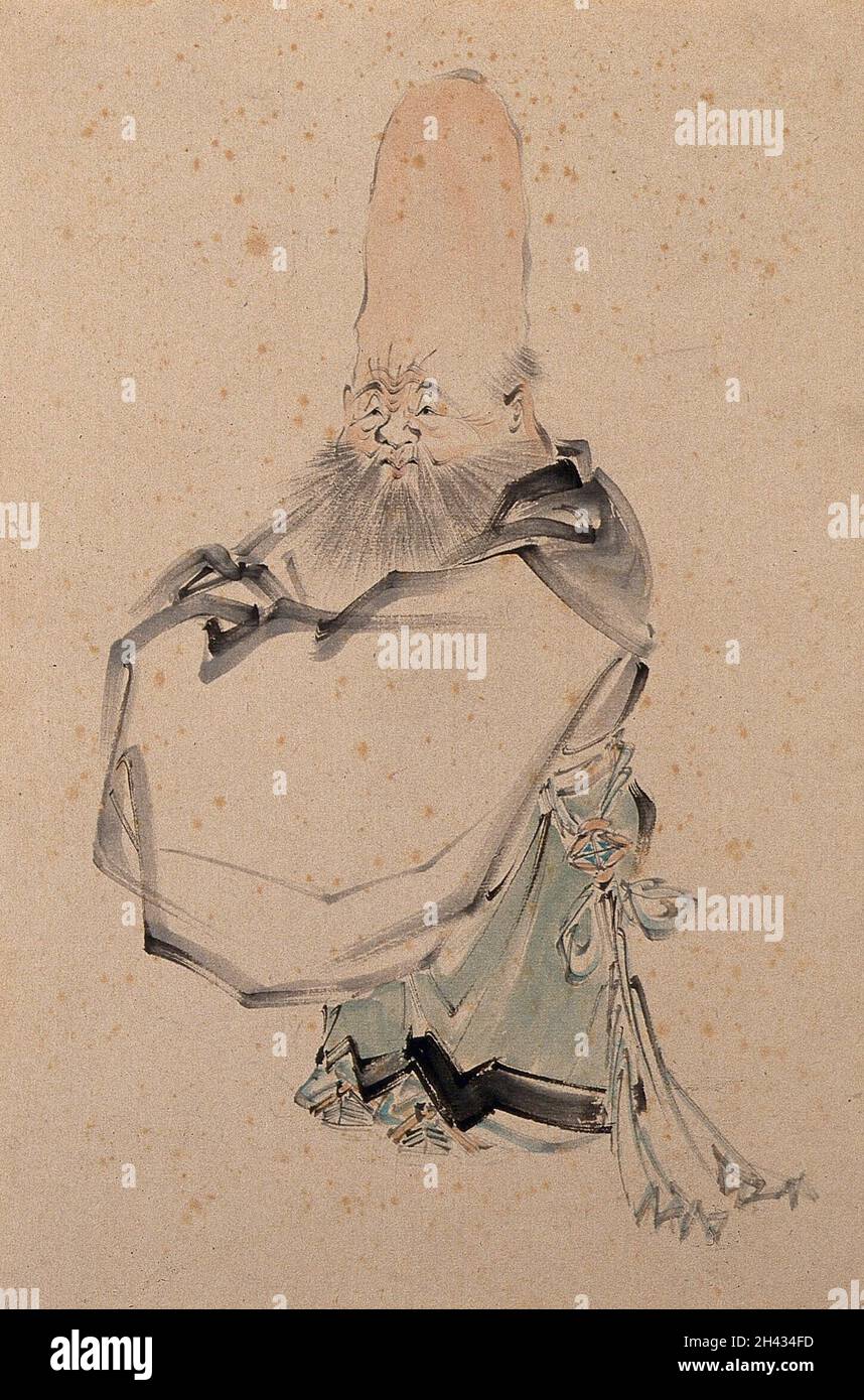 A sacred Chinese figure, bald, with abnormally high forehead. Painting ...