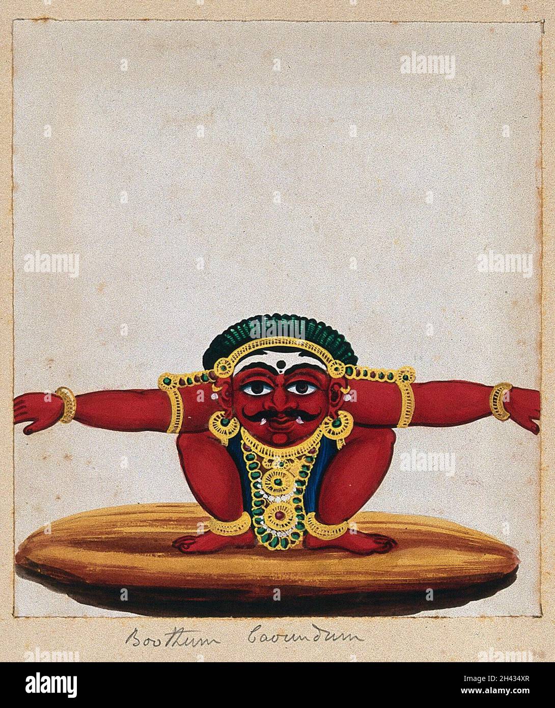 A deity (?) crouching down, with his arms spread out horizontally ...