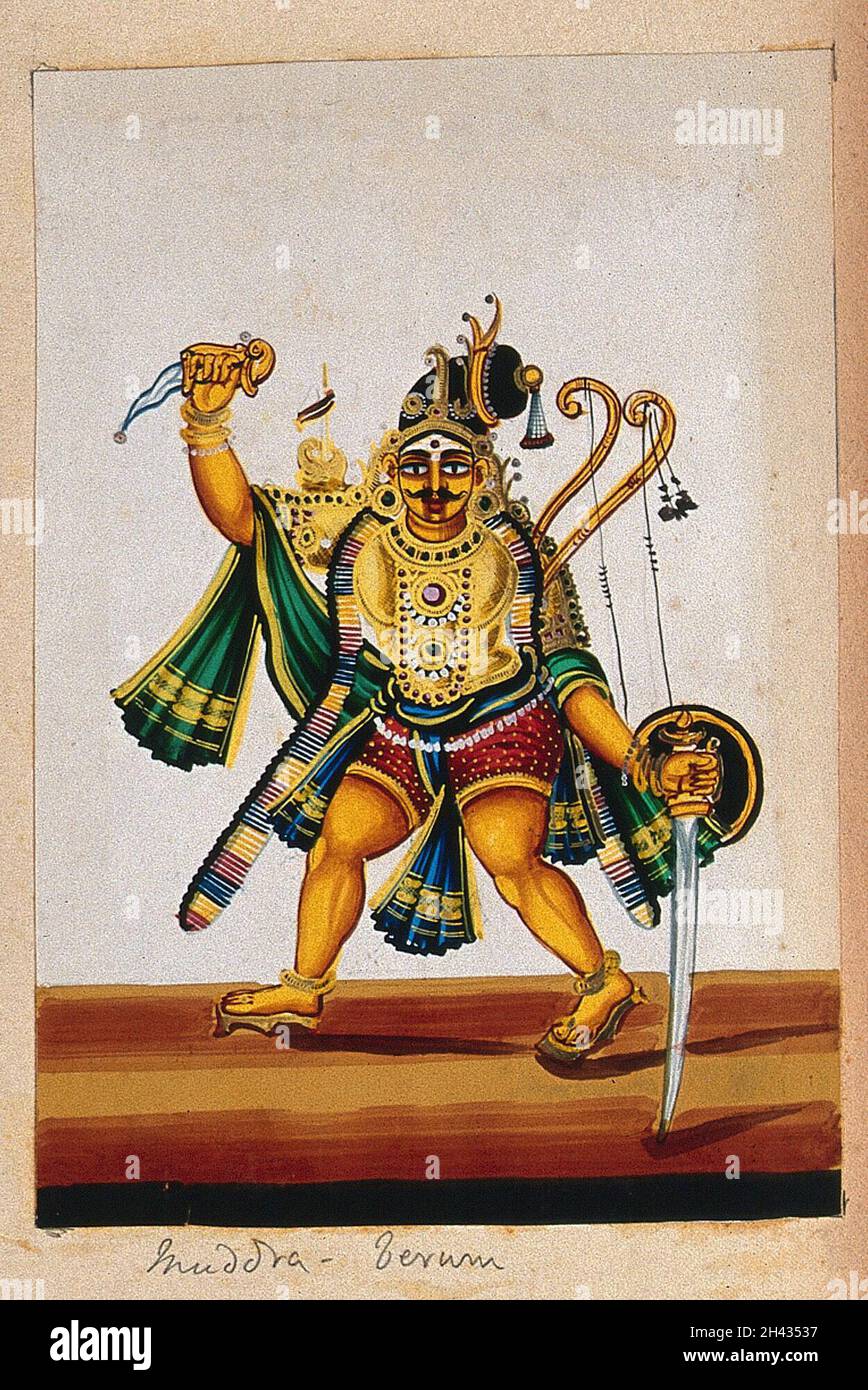 An Indian warrior (?) holding a dagger in one hand, a sword and a ...