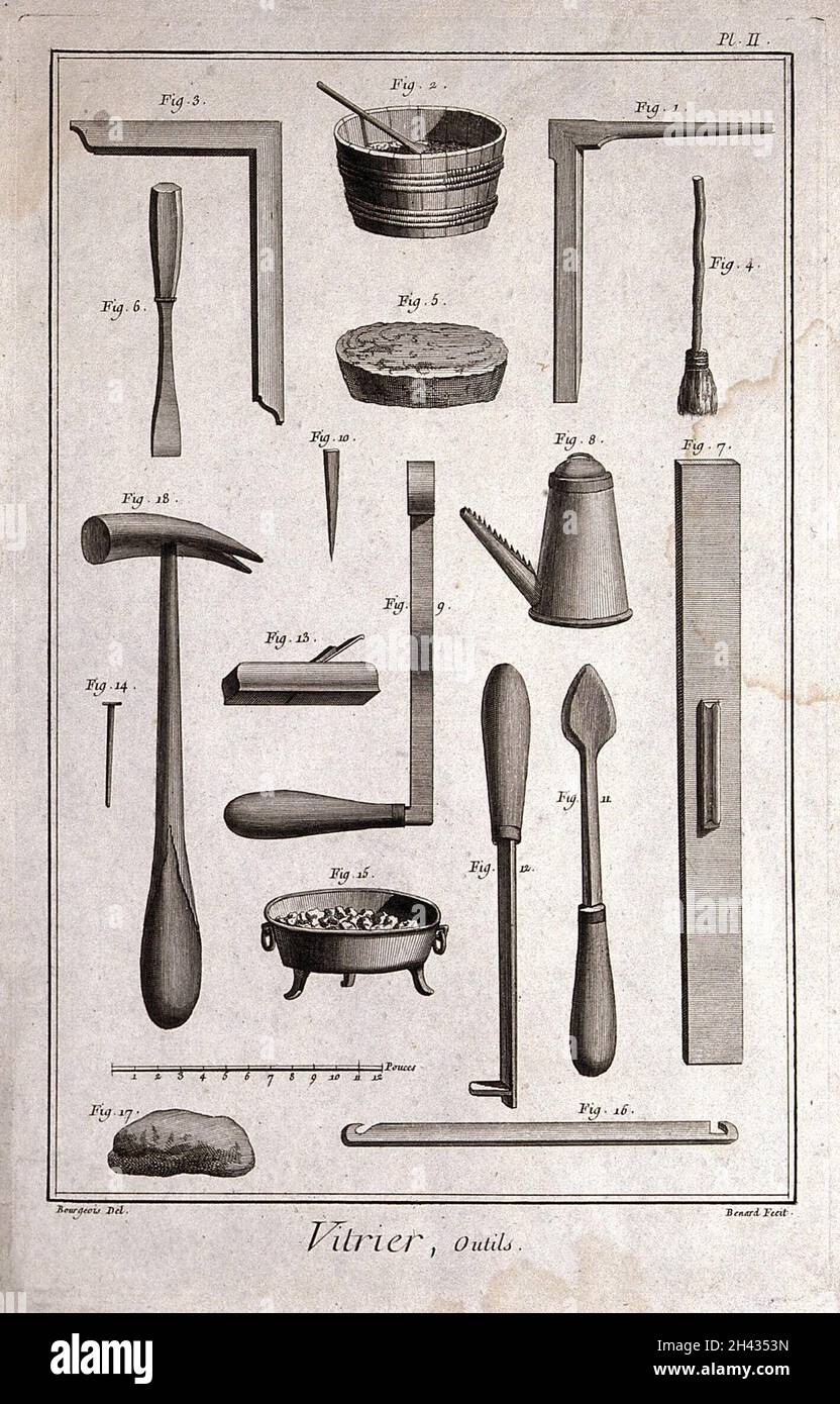 Glass: the tools used for making and glazing windows. Engraving by R ...