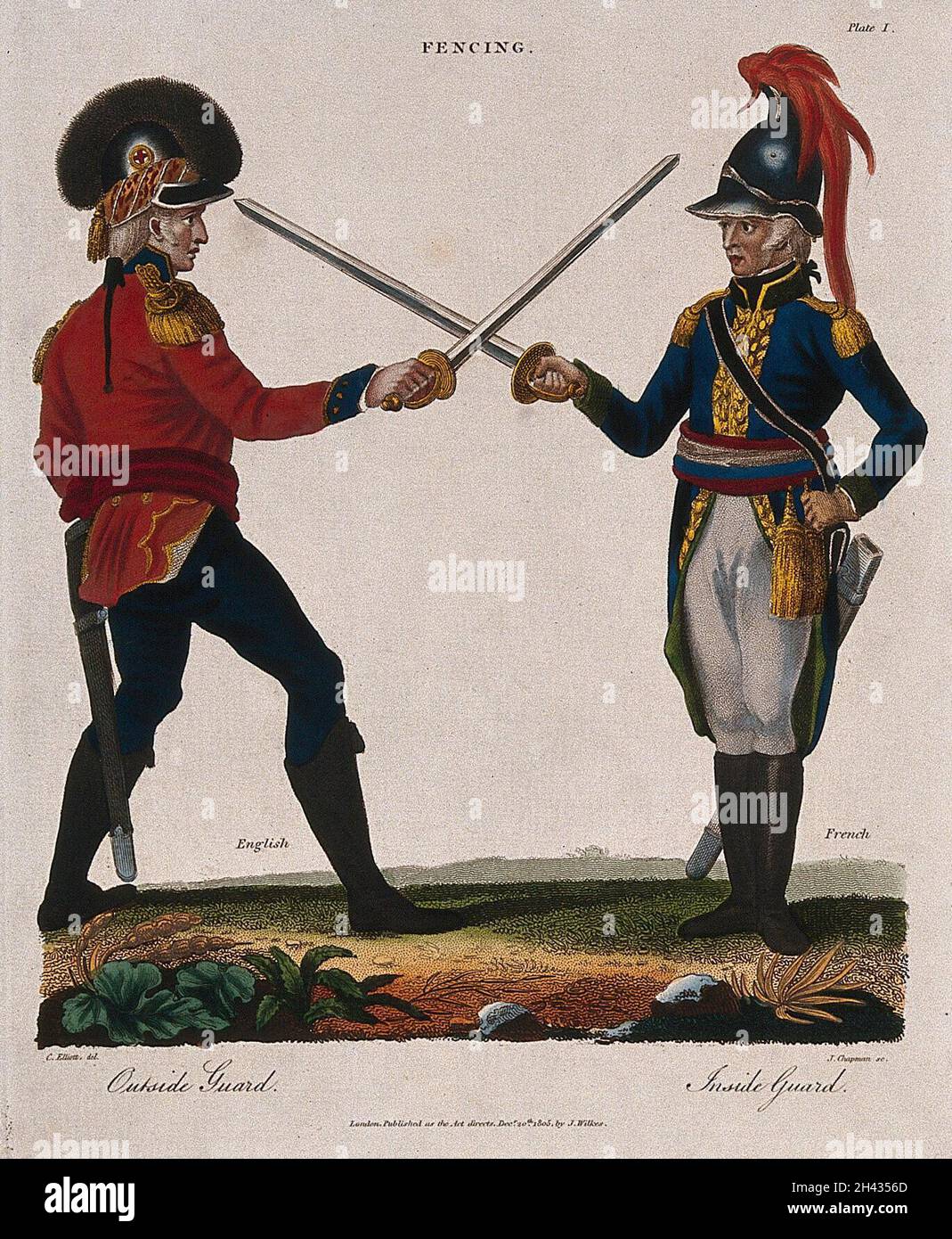 Two men in uniform are standing opposite one another with their swords ...