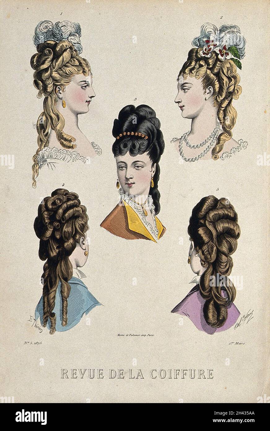 The heads of five women with their hair combed back and dressed with ...