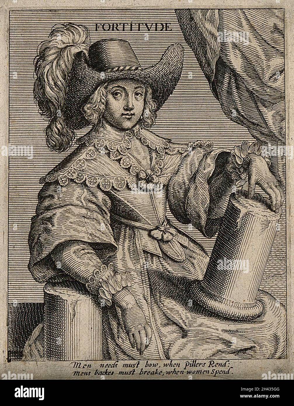 A young woman with a broken pillar; representing fortitude. Etching, 16 ...