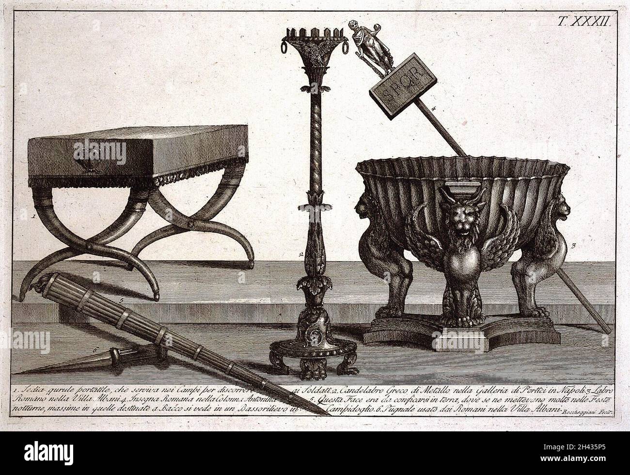 A curule chair, a Greek metal candelabra, a bowl supported by sphinxes ...