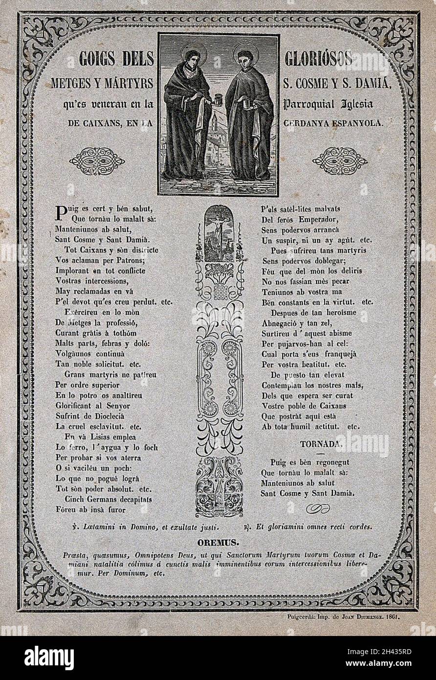 Saint Cosmas and Saint Damian. Reproduction of a woodcut, 1861 Stock ...