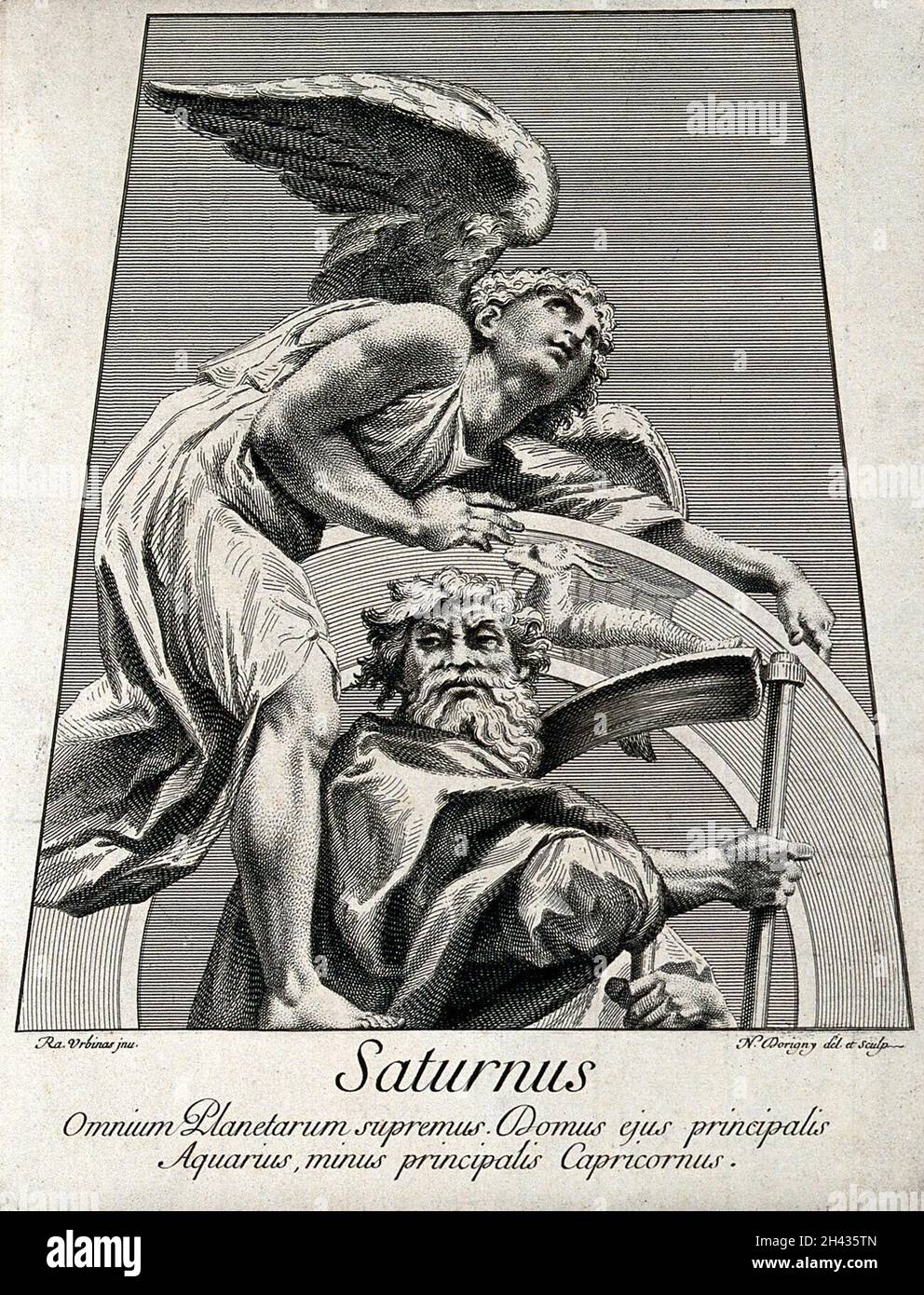 Astronomy: Saturn with his scythe, above, an angel looking heavenward ...