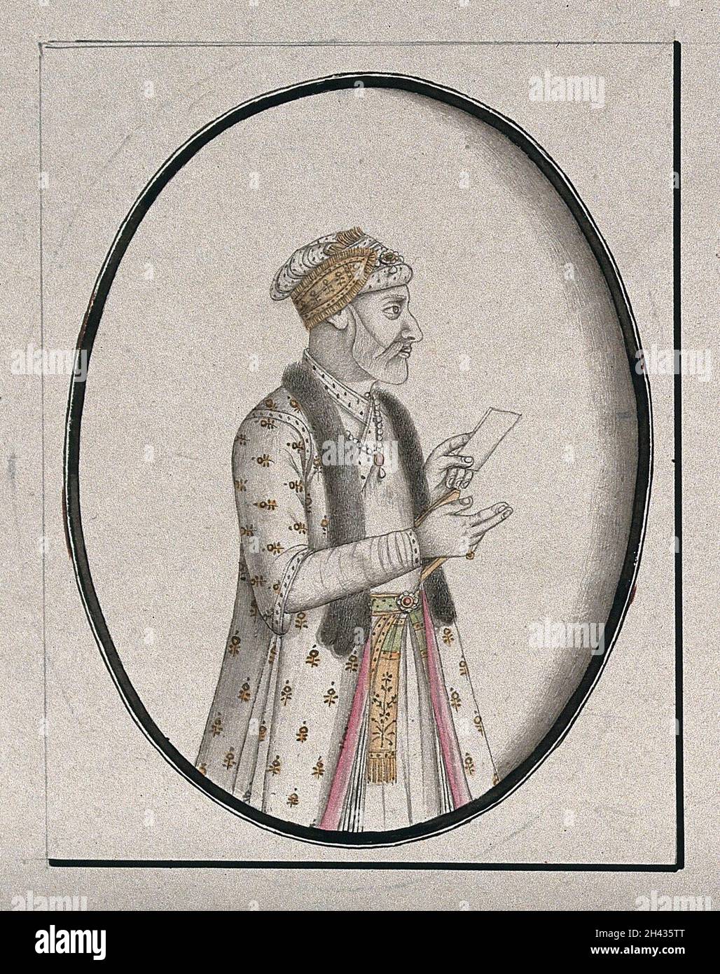 A Mughal courtier holding a piece of paper. Watercolour drawing by an ...
