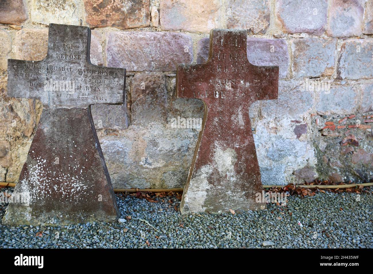 Pays Basque headstones in Ainhoa, Atlantic Pyrenees, France Stock Photo ...