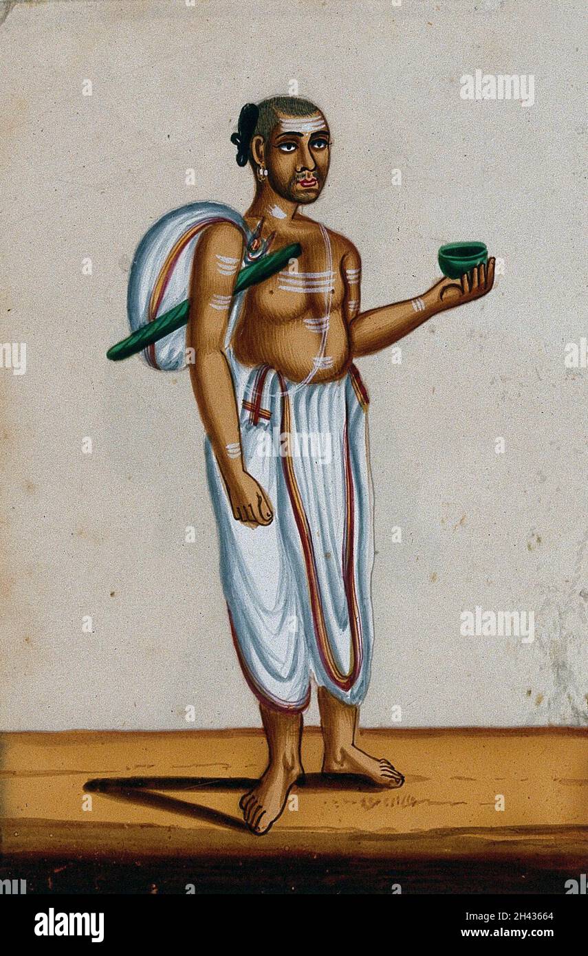 A Brahmin beggar holding a begging bowl. Gouache painting on mica, by ...
