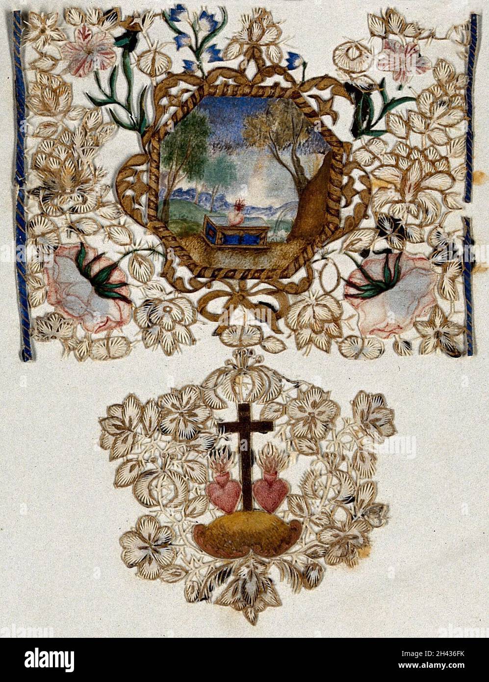 The Sacred Heart on an altar in an landscape surrounded by flower ...