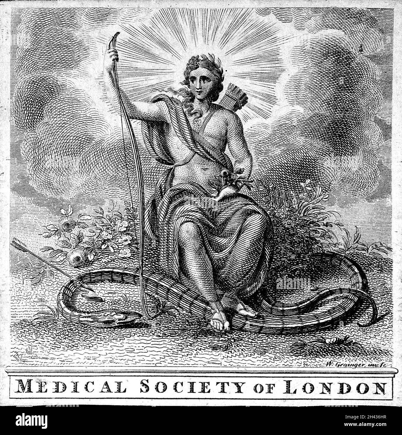 Apollo with his bow, having slain the Python. Engraving by W. Grainger ...