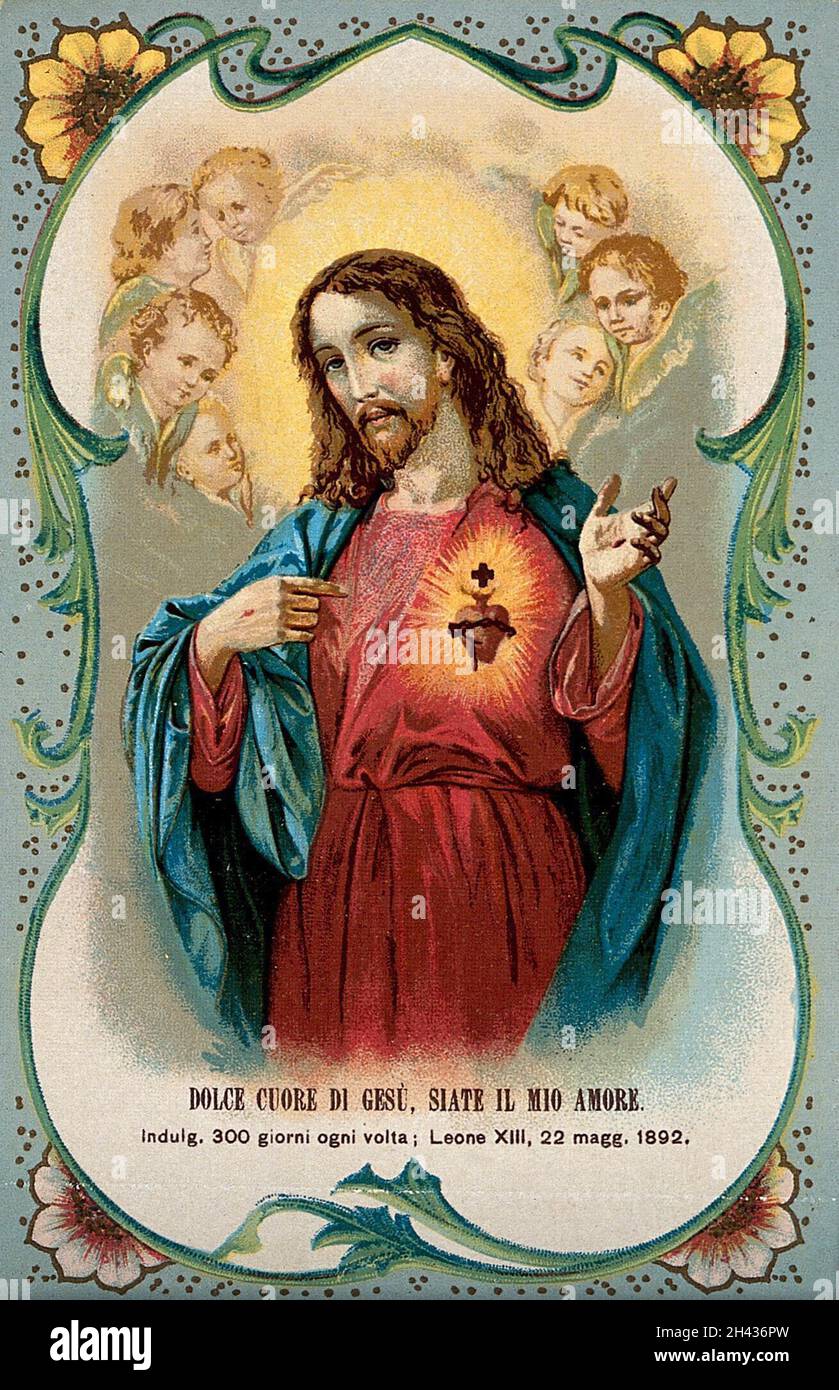 Christ surrounded by angels, showing his Sacred Heart. Process print ...