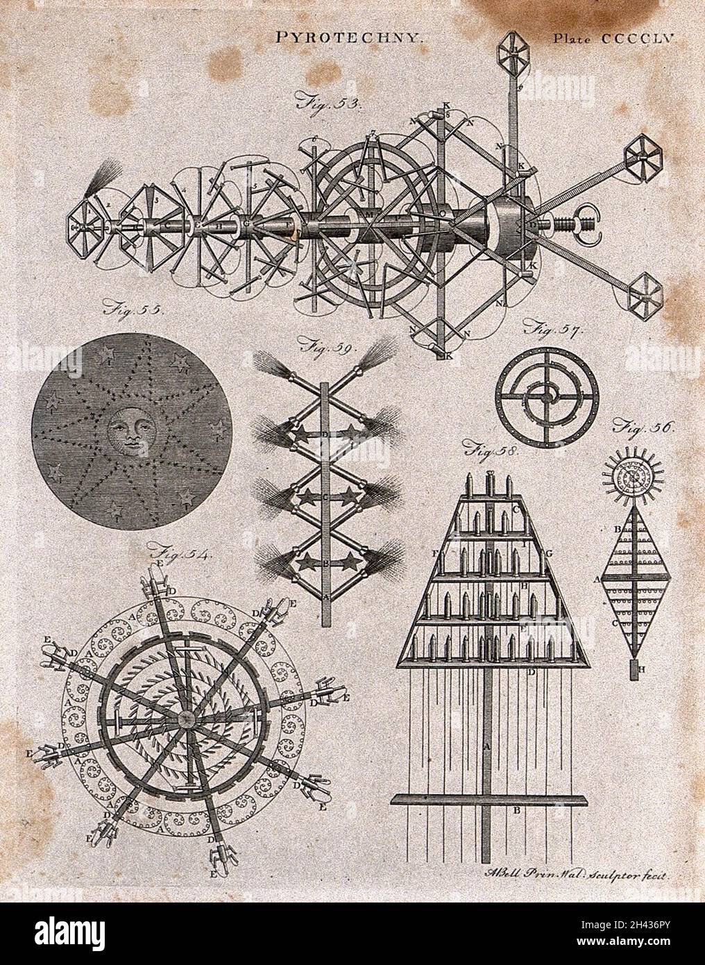 Pyrotechny: designs for fireworks. Engraving by A. Bell Stock Photo - Alamy