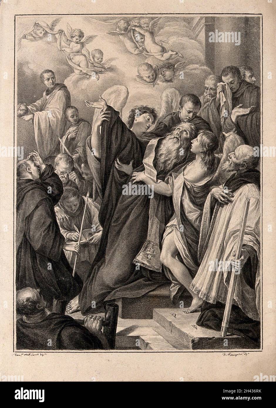 The death of St Benedict. Drawing by F. Rosaspina, c. 1830, after D.M ...