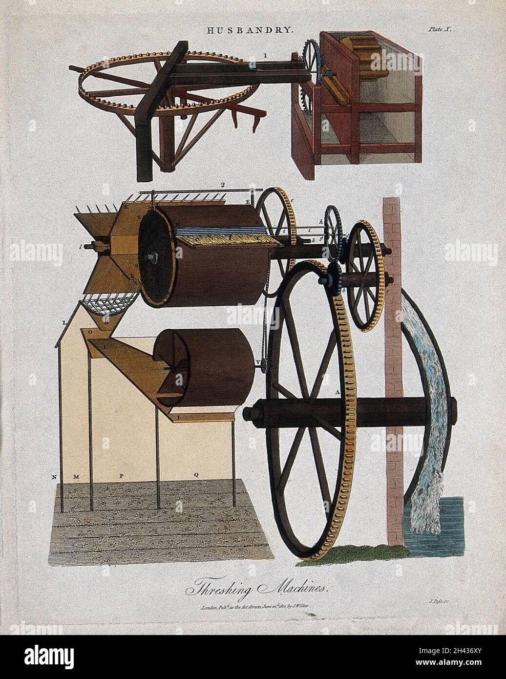 Agriculture: two threshing machines. Coloured engraving by J. Pass ...