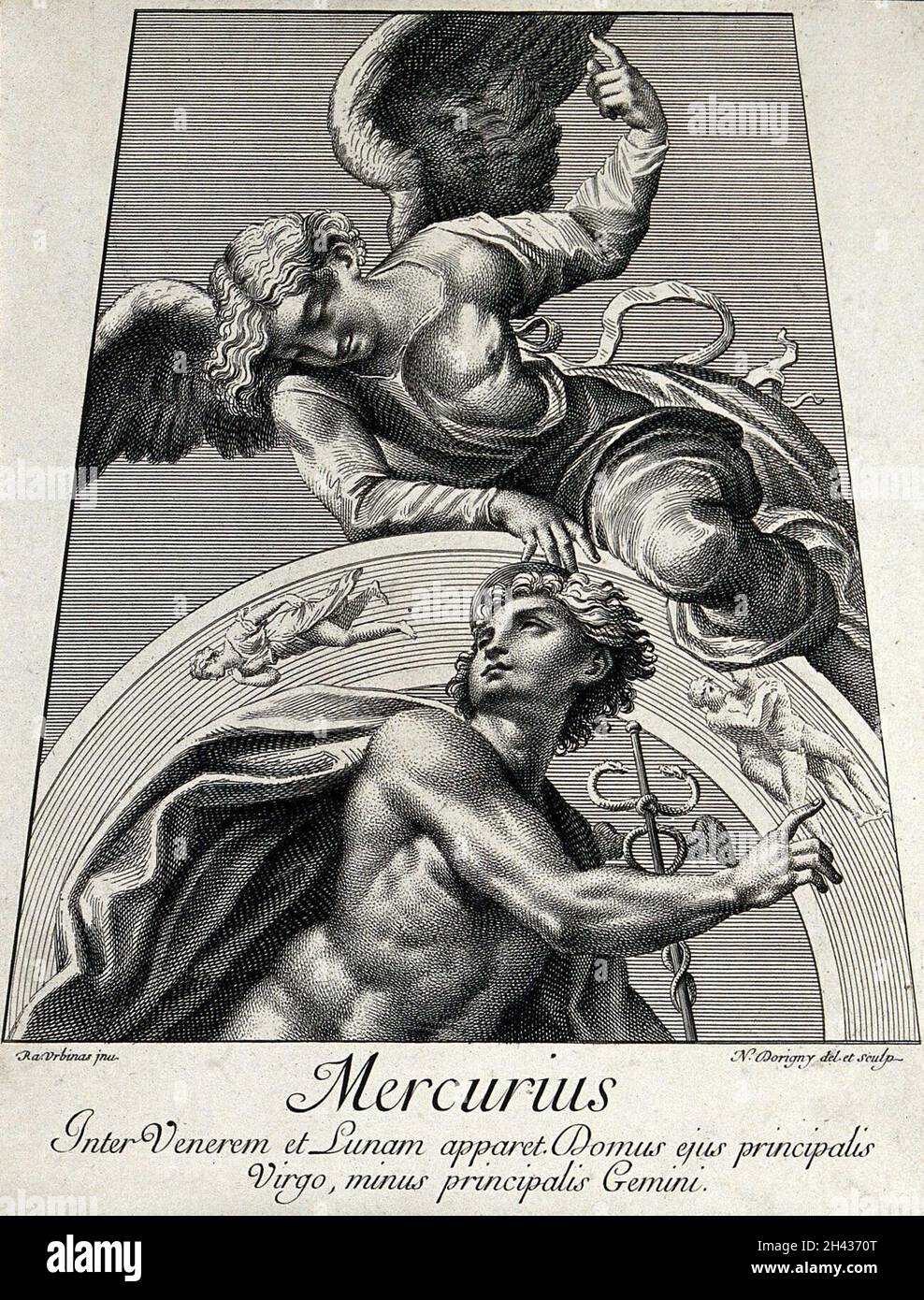 Astronomy: Mercury with his winged caduceus, looking heavenward, an ...